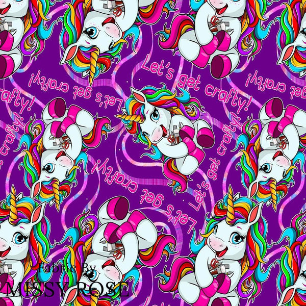 Design 232 - Crafty Unicorn Fabric | Purple Crafty Unicorn Print ...