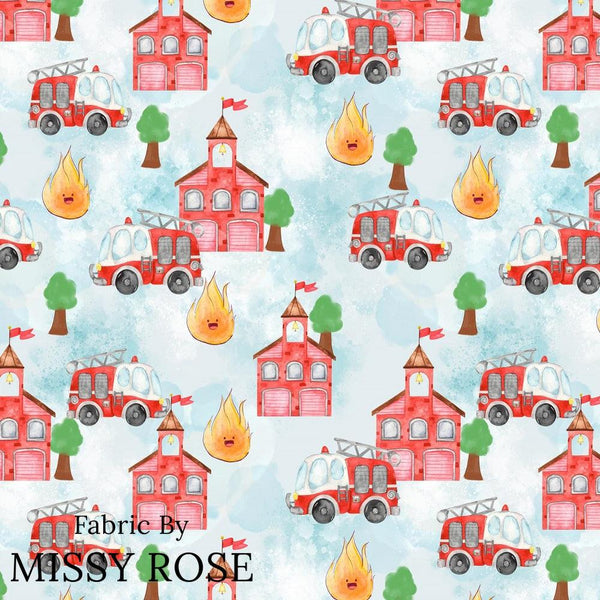 Design 278 - Fire Fighter Fabric | Blue Firefighting Truck Print ...