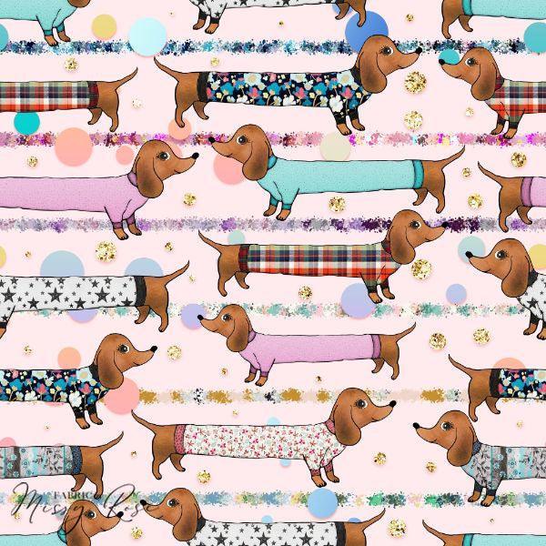Sausage Dog Fabric - Pink Background Dachshund Print | Fabric by Missy Rose